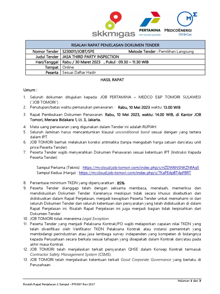 Risalah Rapat Penjelasan 2 Sampul - S230011-JOBT-SPE | PDF