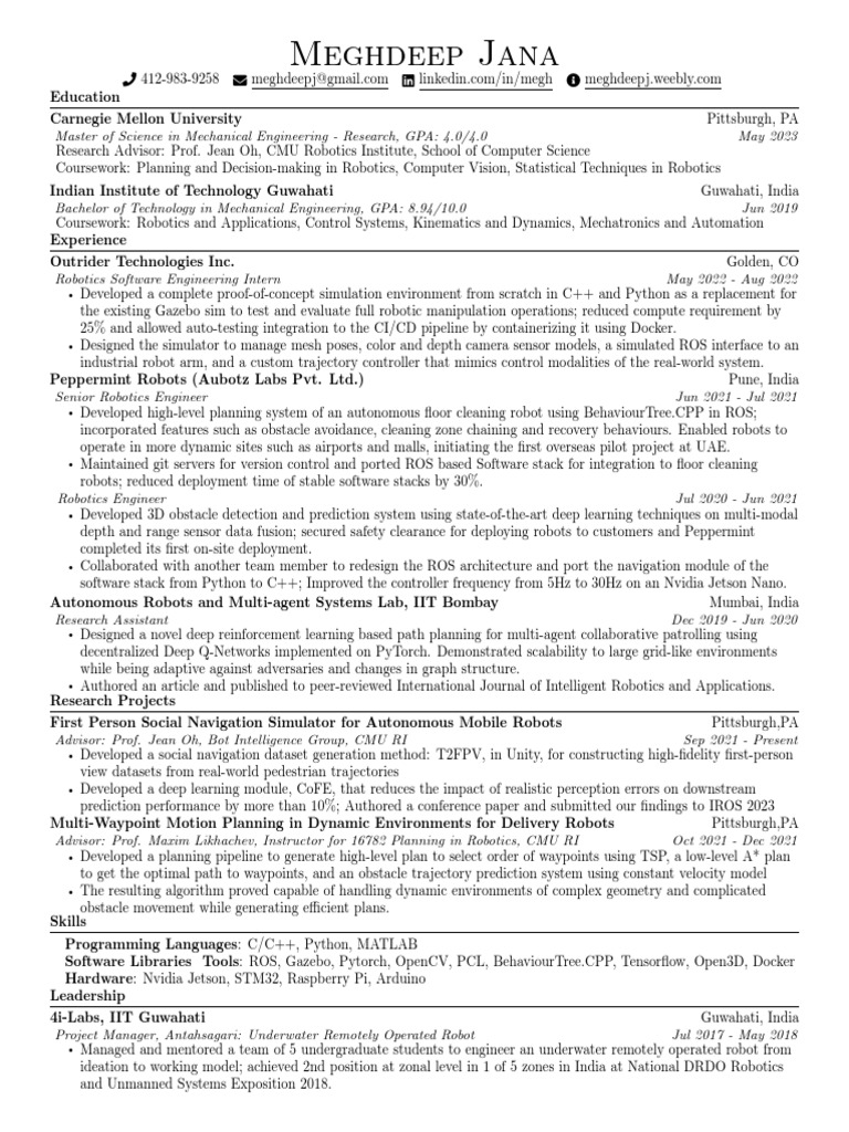 Meghdeep Jana Resume R | Download Free PDF | Robotics | Robot