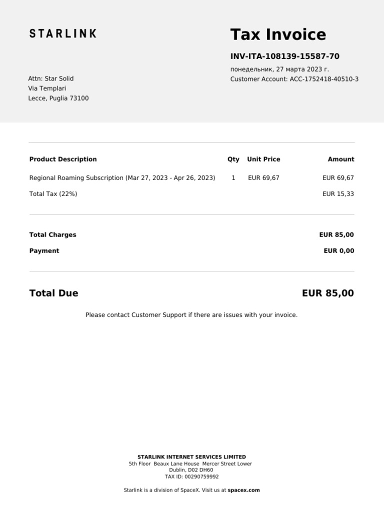 Tax Invoice: Total Due EUR 85,00 | PDF