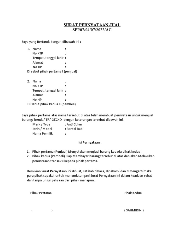 Surat Pernyataan Jual: SPJ/07/04/07/2022/AC | PDF