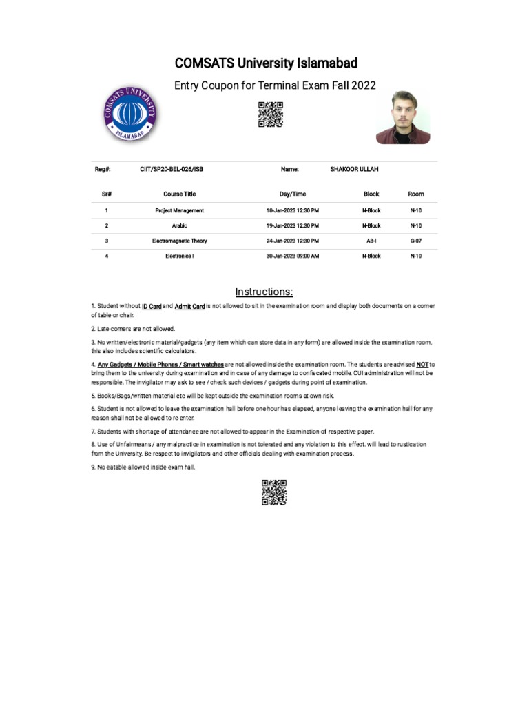 COMSATS University Islamabad: Entry Coupon For Terminal Exam Fall 2022 ...