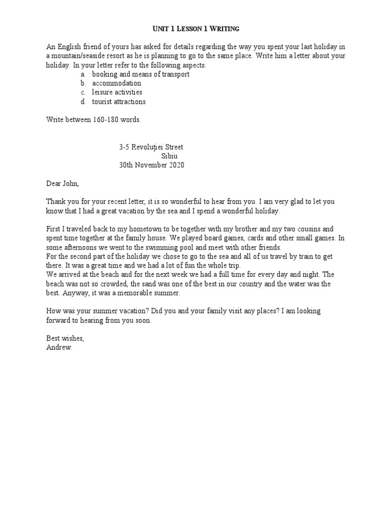 Unit 1 Lesson 1 Writing - Letter To A Friend | PDF