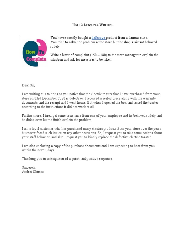 Unit 2 Lesson 4 Writing - Letter of Complaint | PDF