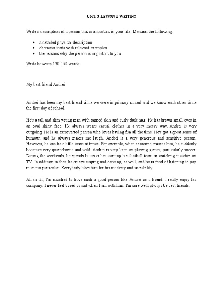 Unit 3 Lesson 1 Writing - Describing A Person | PDF