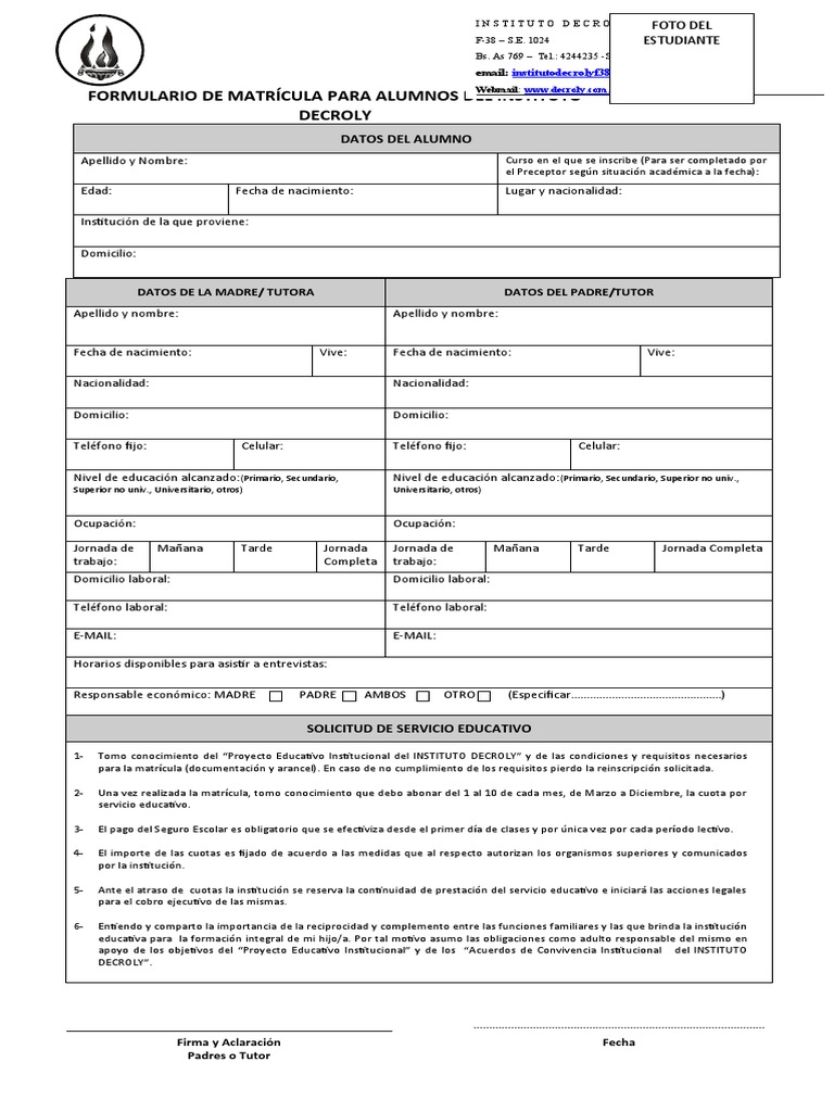Formulario de Matrícula para Alumnos Del Instituto Decroly | PDF