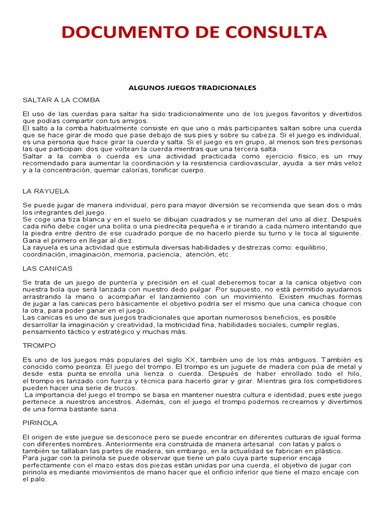 Documento de Consulta: Algunos Juegos Tradicionales | PDF | Cómics | Retrato