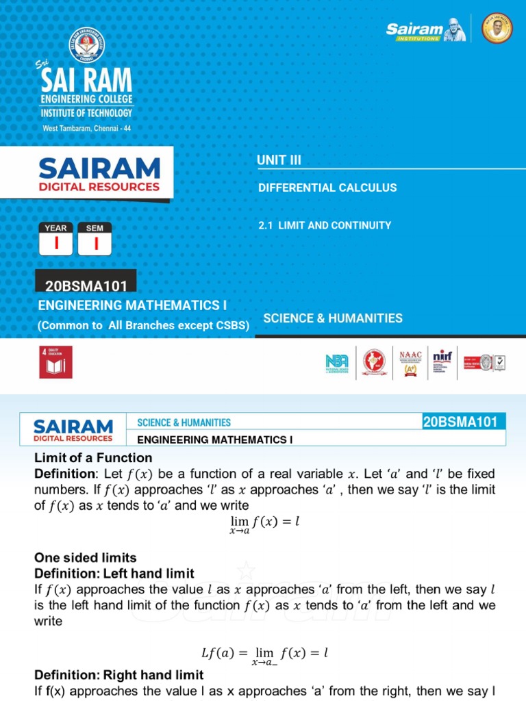 Engineering Mathematics I: Differential Calculus Concepts including Limits, Continuity ...