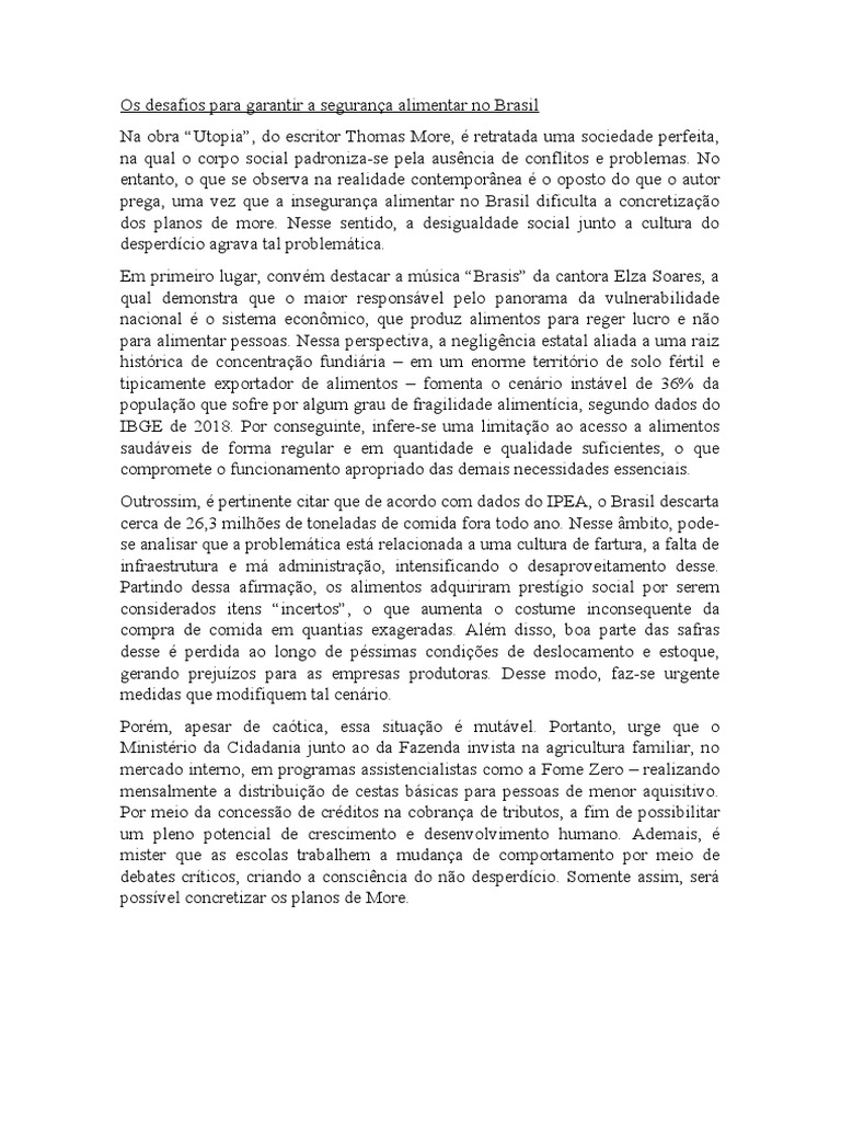 Redação: Os Desafios para Garantir A Segurança Alimentar No Brasil ... Redação: Os Desafios para Garantir A Segurança Alimentar No Brasil ...