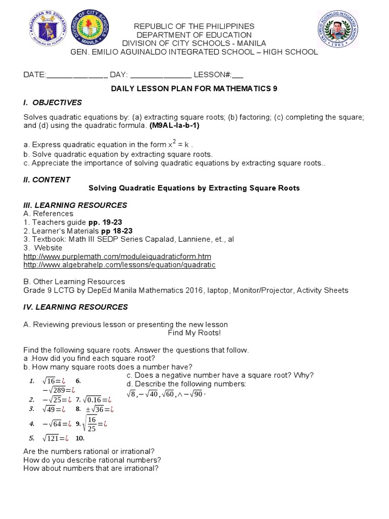 Lesson 2 Solving Quadratic Equations By Extracting Square Roots Pdf