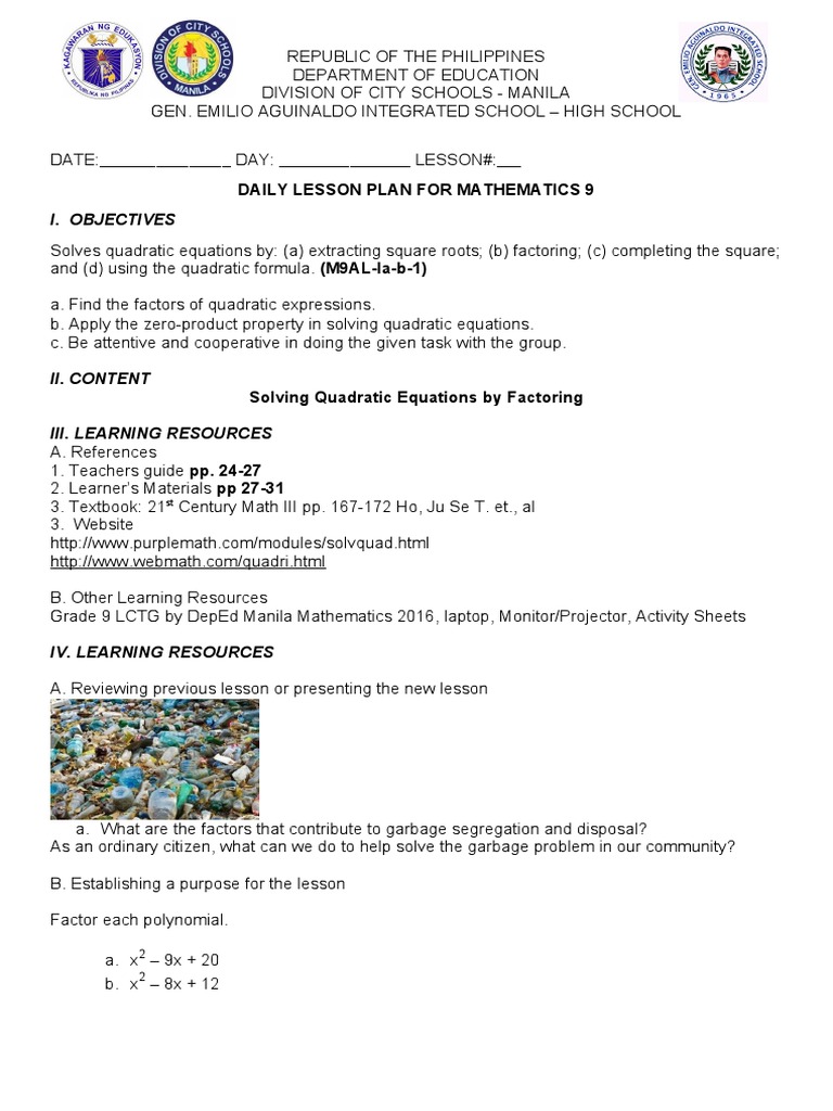 LESSON 3 - Solving Quadratic Equations by Factoring | PDF