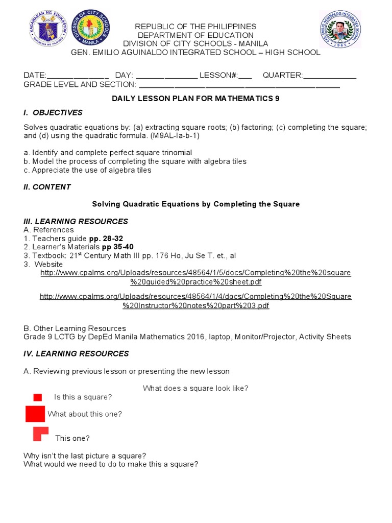 LESSON 5 - Solving Quadratic Equations by Completing The Square | PDF ...