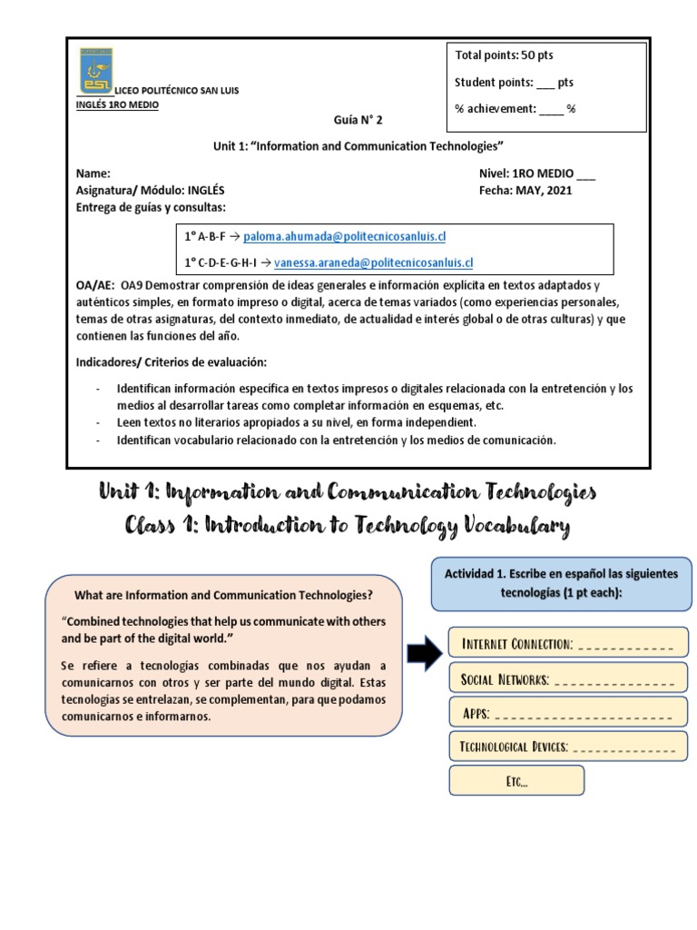 Class 1: Introduction To Technology Vocabulary: Unit 1: Information and ...