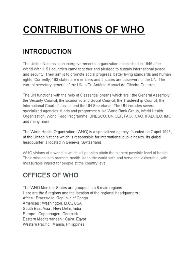 Contributions of Who | PDF | World Health Organization | United Nations