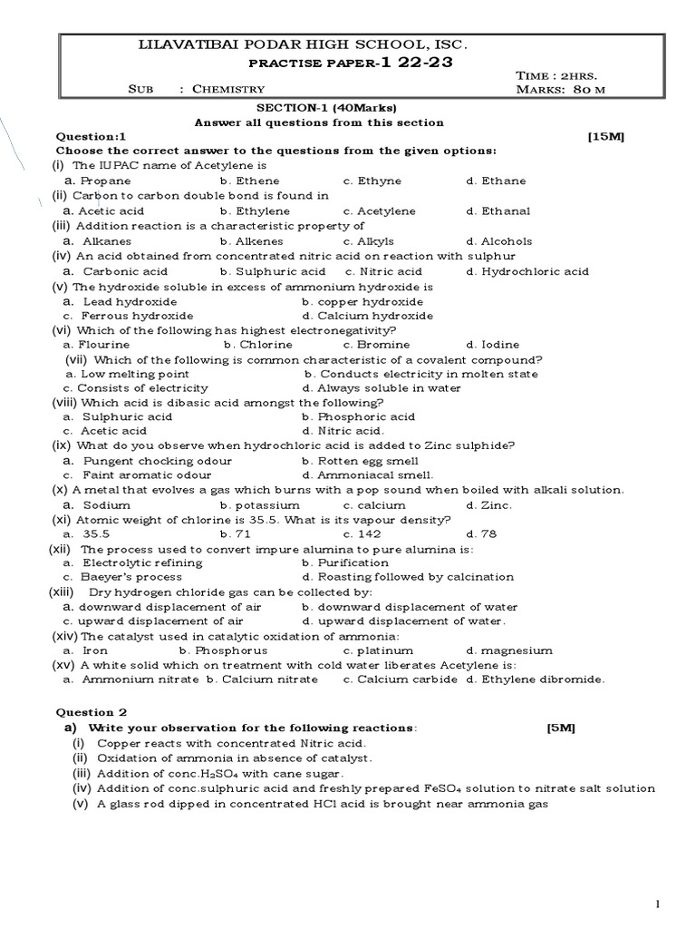 Chemistry Paper - Class 10 ICSE | PDF | Acid | Sulfuric Acid
