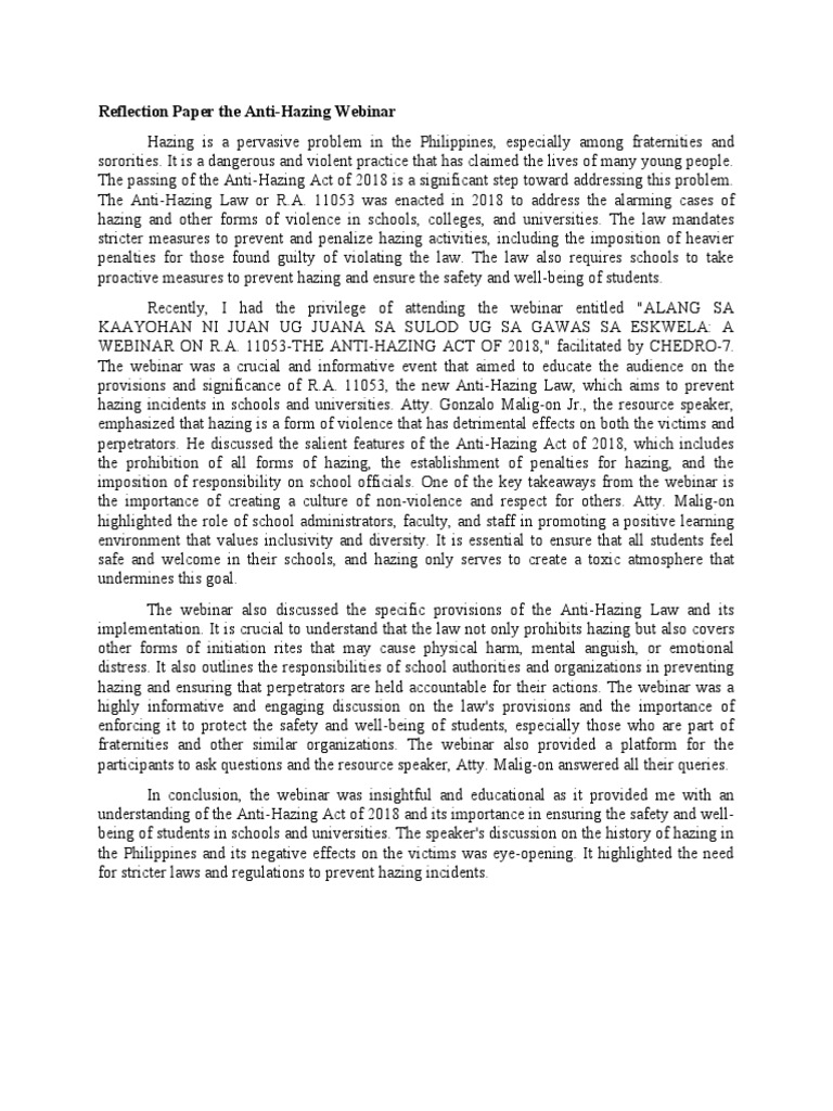 Reflection of Anti Hazing Webinar | PDF | Fraternities And Sororities | Justice