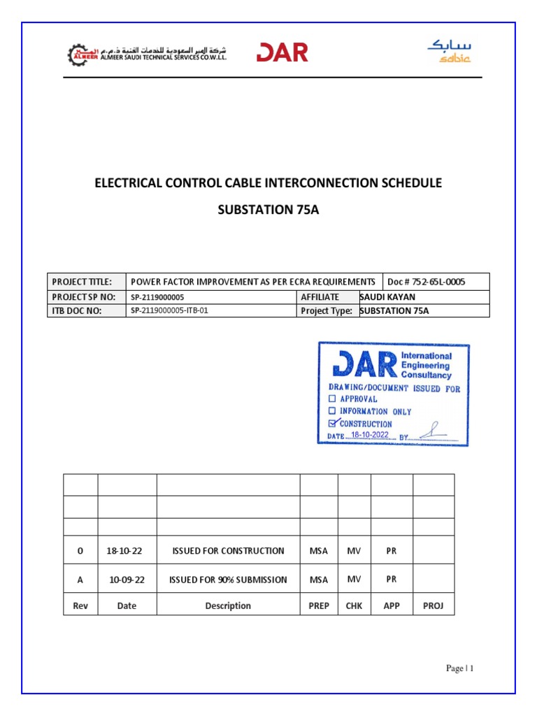 752-65L-0005 Cable Interconnection Schedule (Sg-75a-101&102) | Download ...