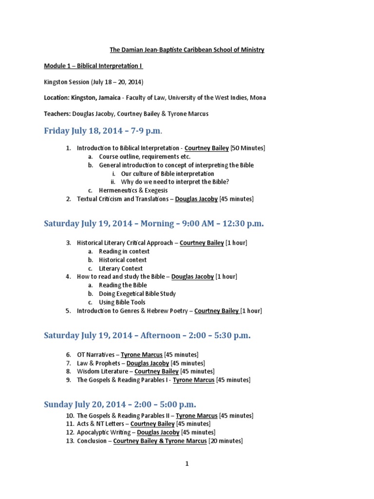 Module 1 - Biblical Interpretation I - Course Outline and Schedule ...