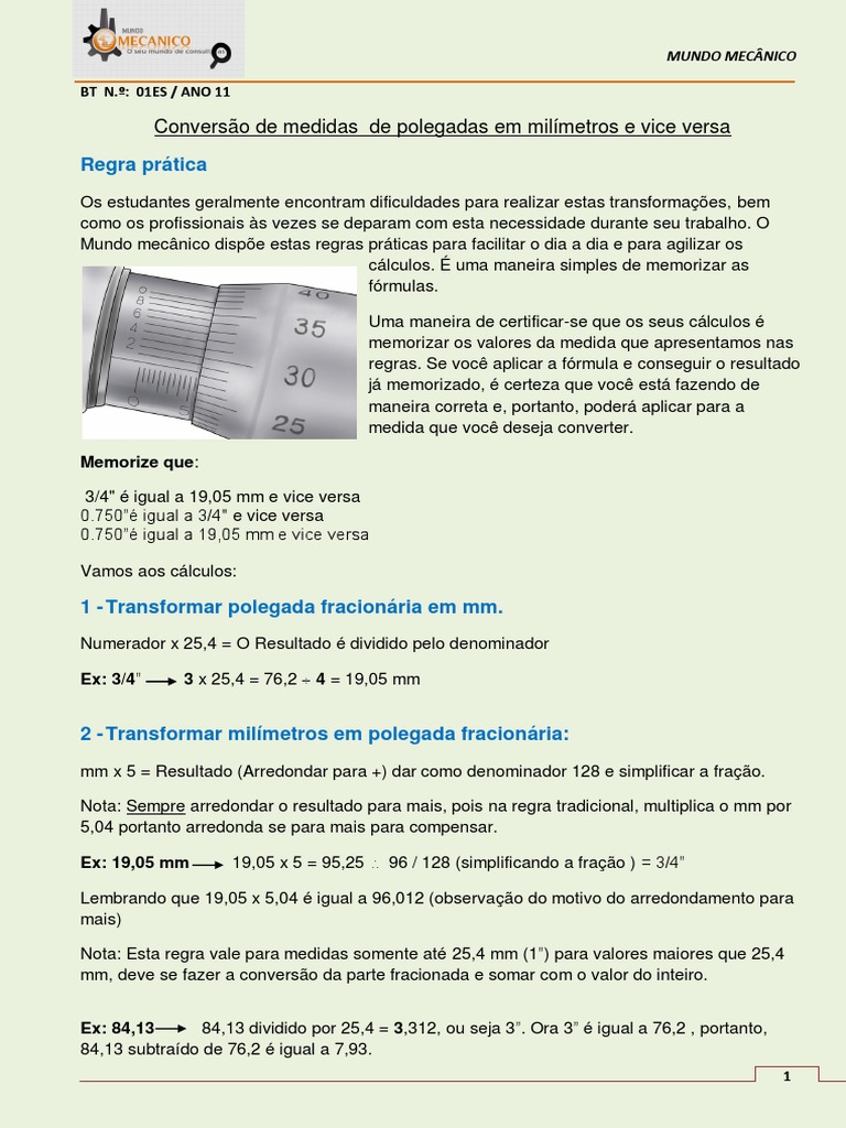 BT_01ES_1 CONVERSÃO DE MEDIDAS POLEGADA - MILIMETRO | PDF | Polegada ...
