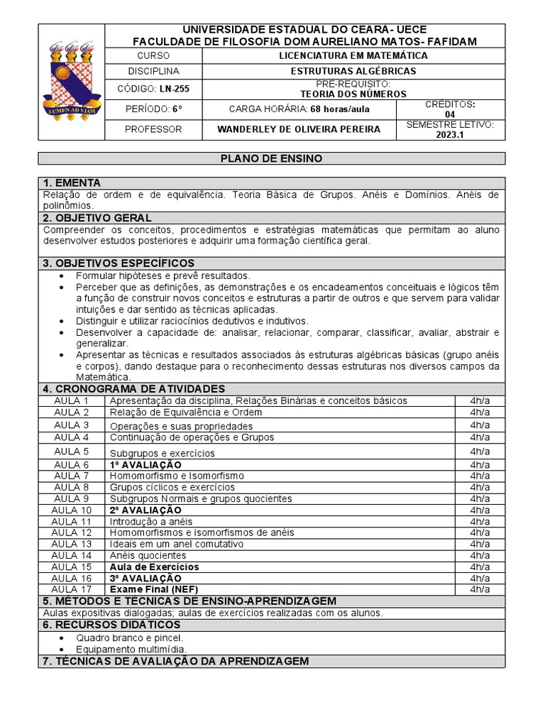 EMENTA ESTRUTURAS ALGÉBRICAS | PDF | Grupo (Matemática) | Matemática