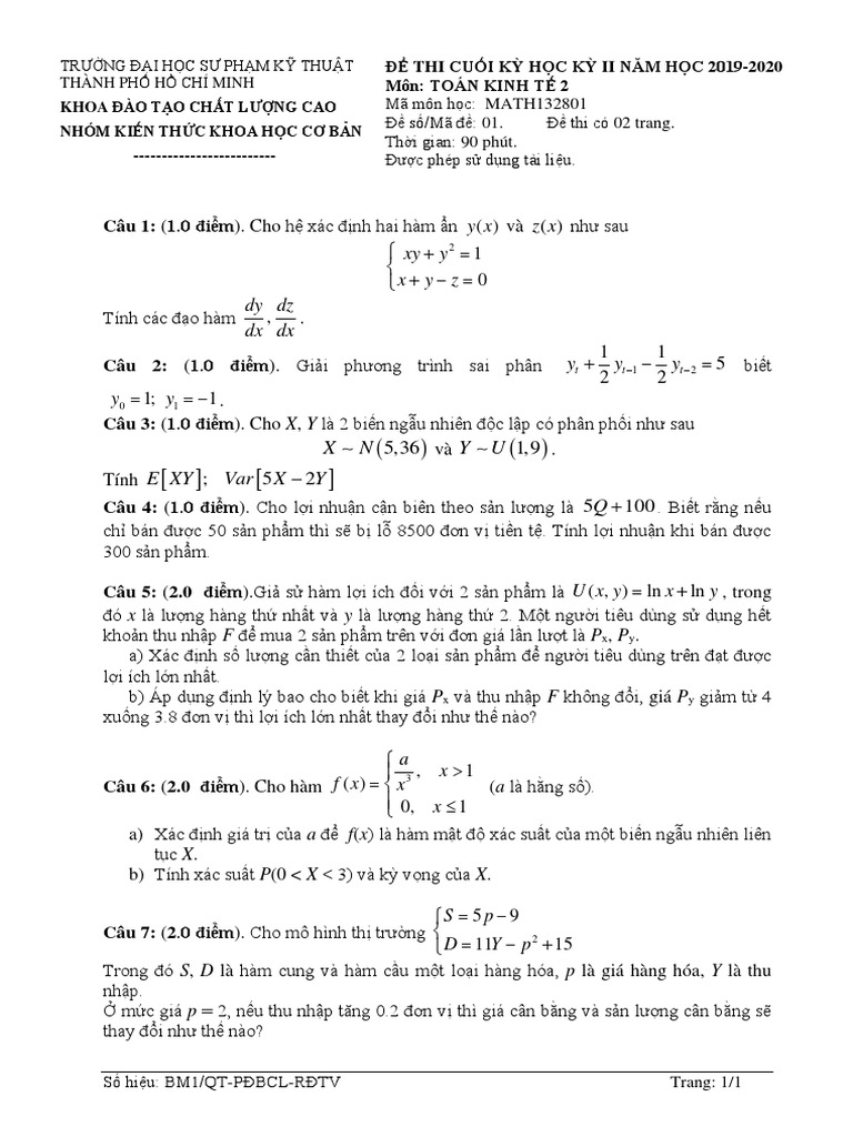 Đề thi Toán kinh tế 2 CLC HK2-19-20 - Đề 6 | PDF