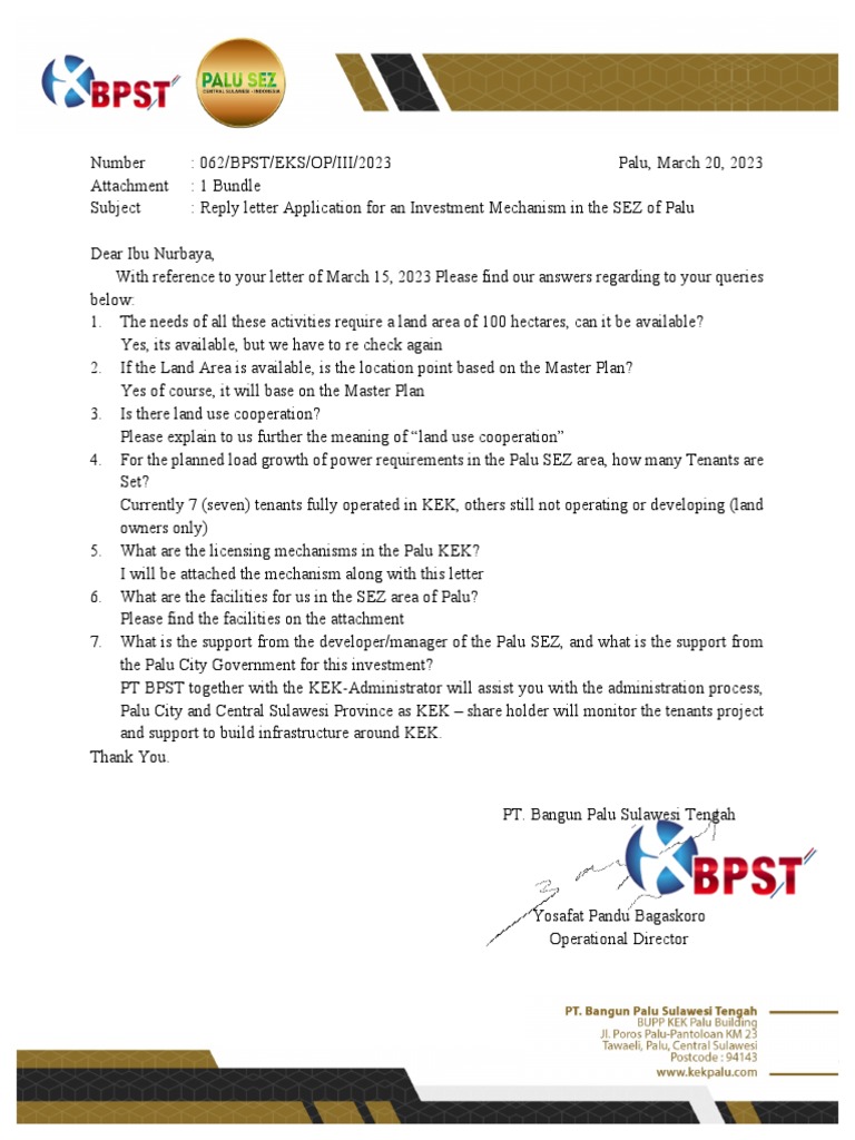 062OP - Application For An Investment Mechanism in The SEZ of Palu | PDF | Tax Exemption | Taxes