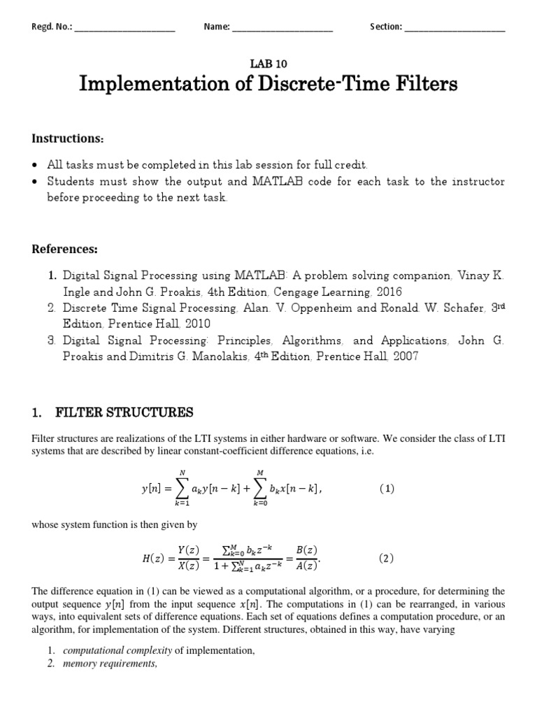 LAB 10 - Implementation of Discrete-Time Filters | PDF | Mathematics ...