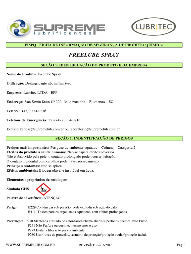 FISPQ Freelube Spray Desengripante | PDF | Desperdício | Calor