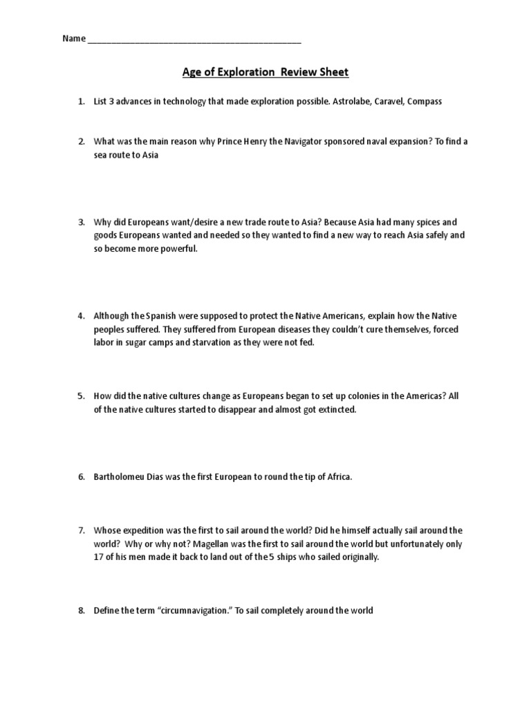 Age of Exploration Review Sheet | PDF | European Colonization Of The ...