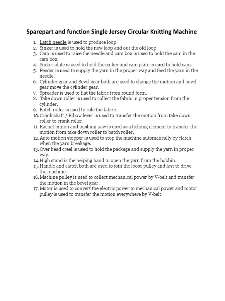 Sparepart and Function Single Jersey Circular Knitting Machine | PDF