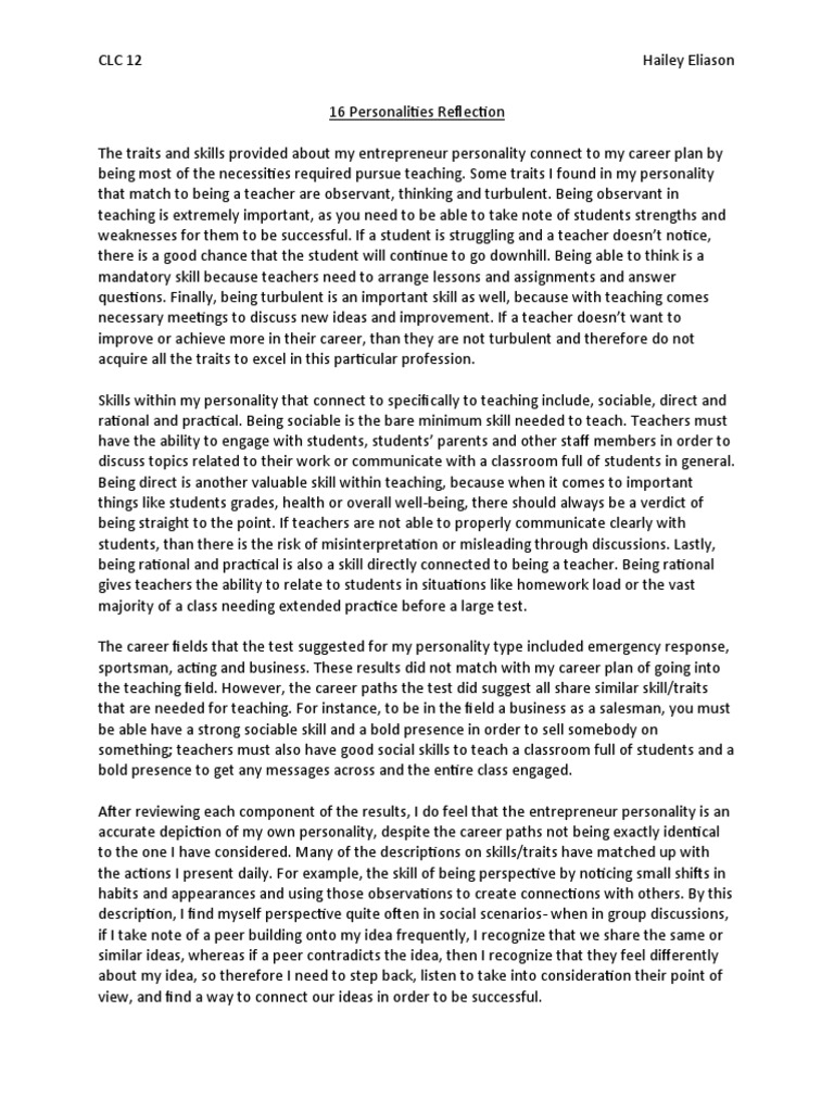 16 Personalities Reflection CLC 12 | PDF | Teachers | Behavioural Sciences