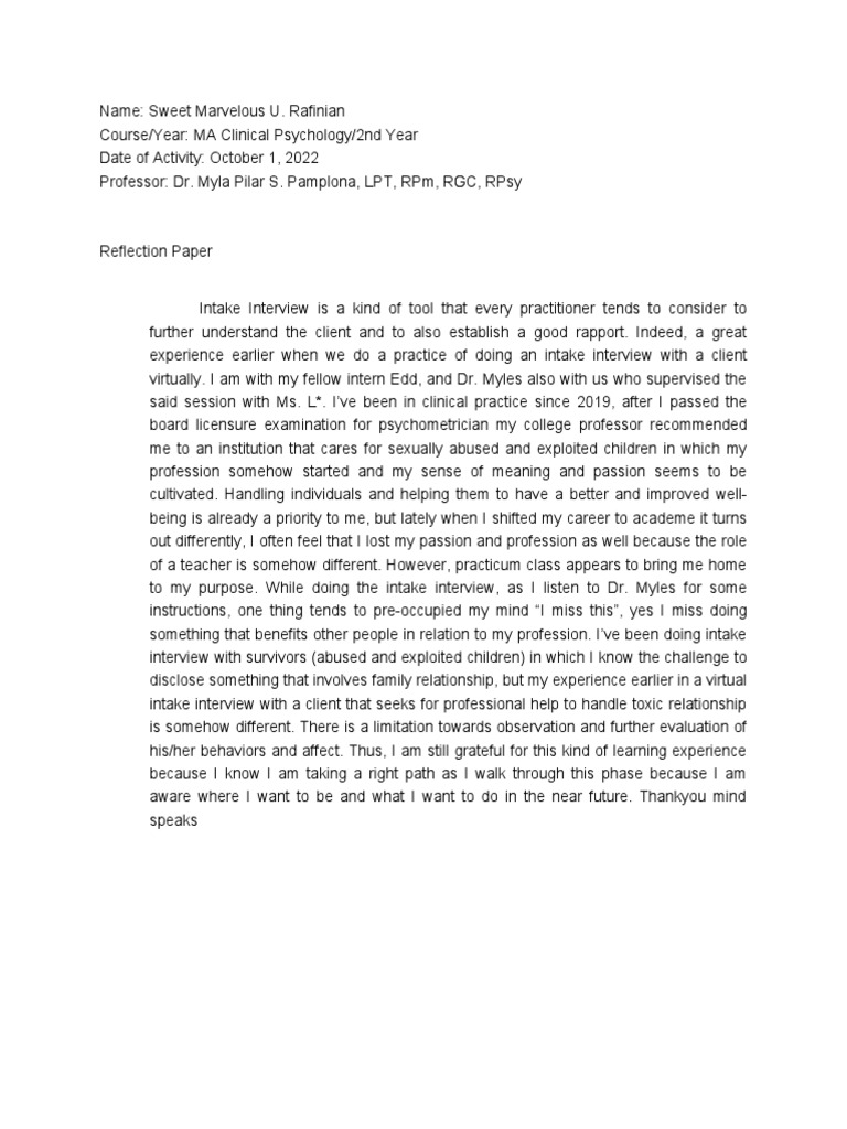 Reflection (Intake Interview) | PDF