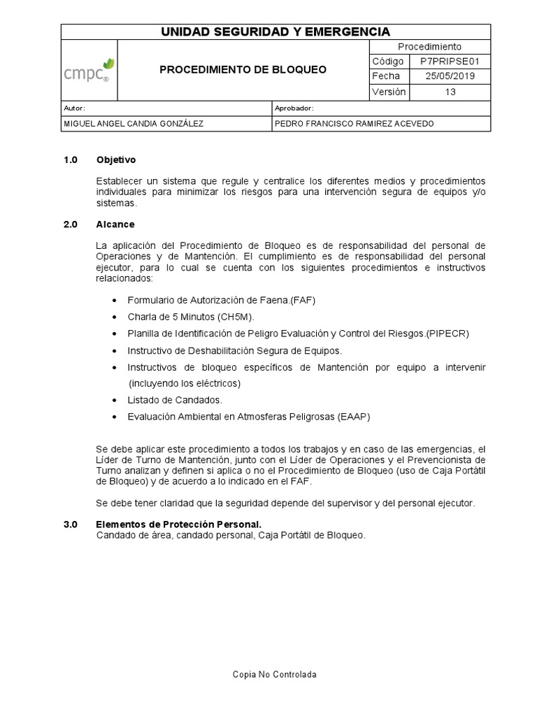 P7PRIPSE01 - Procedimiento de Bloqueo | PDF