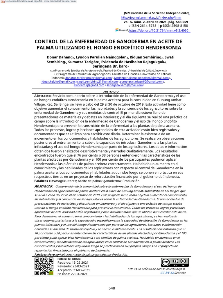 Control de Ganoderma en Palma Aceitera | PDF | Agricultura | Hongo
