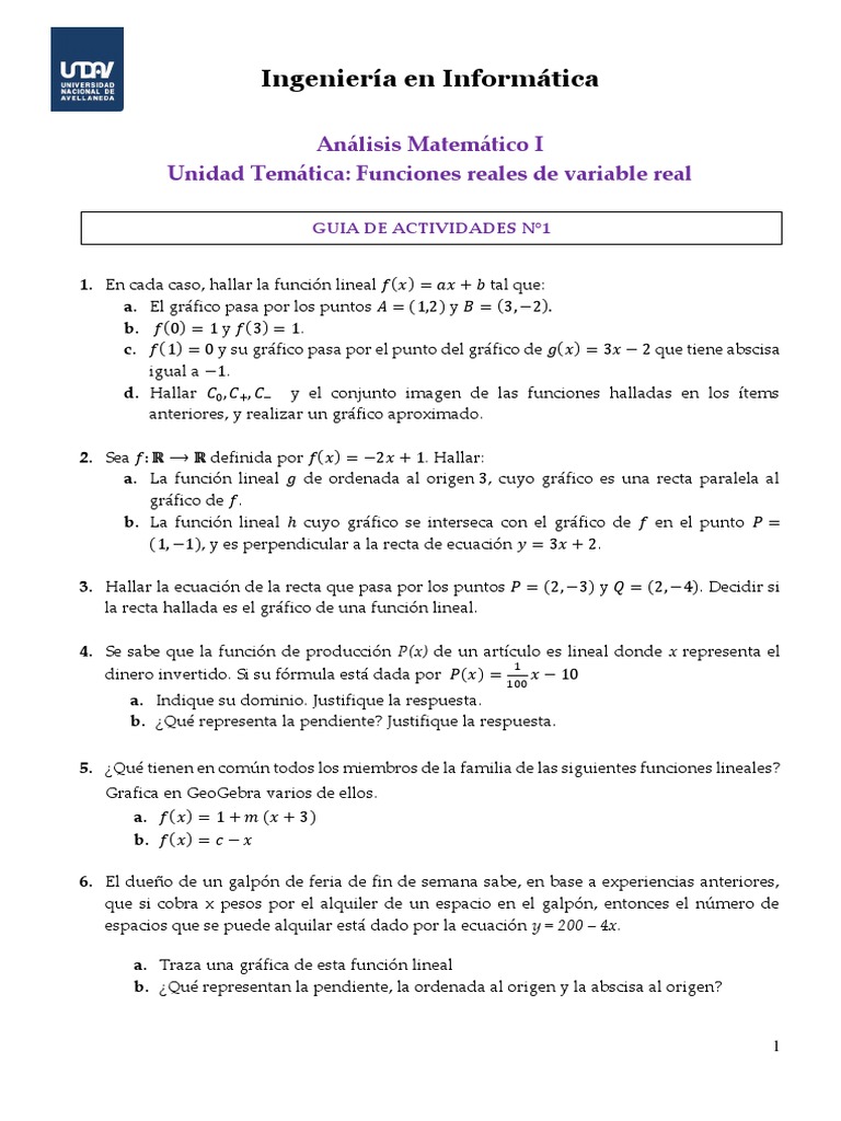 Ingeniería en Informática: Análisis Matemático I Unidad Temática: Funciones Reales de Variable ...