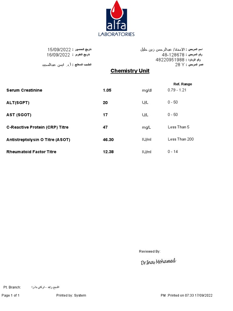 Laboratory test results from a 28-year old female patient showing ...
