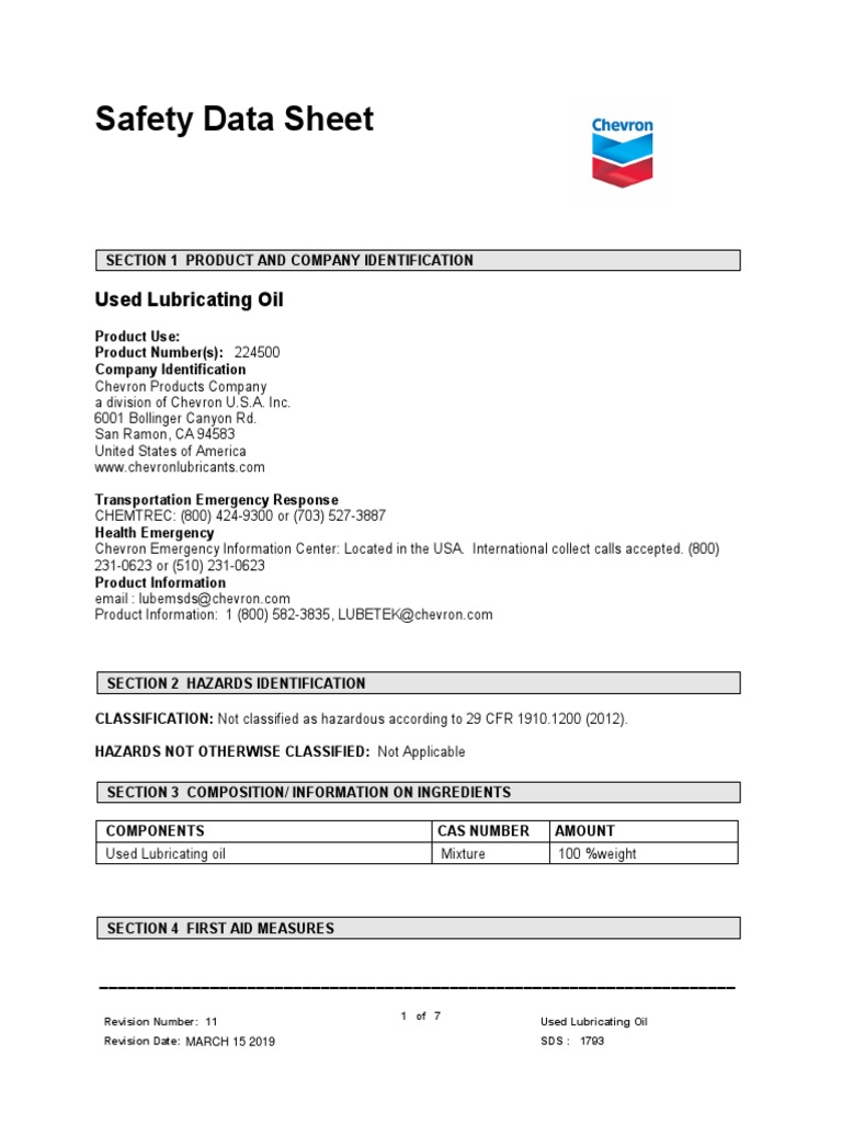 Used Lubricating Oil Safety Data Sheet | PDF | Personal Protective ...