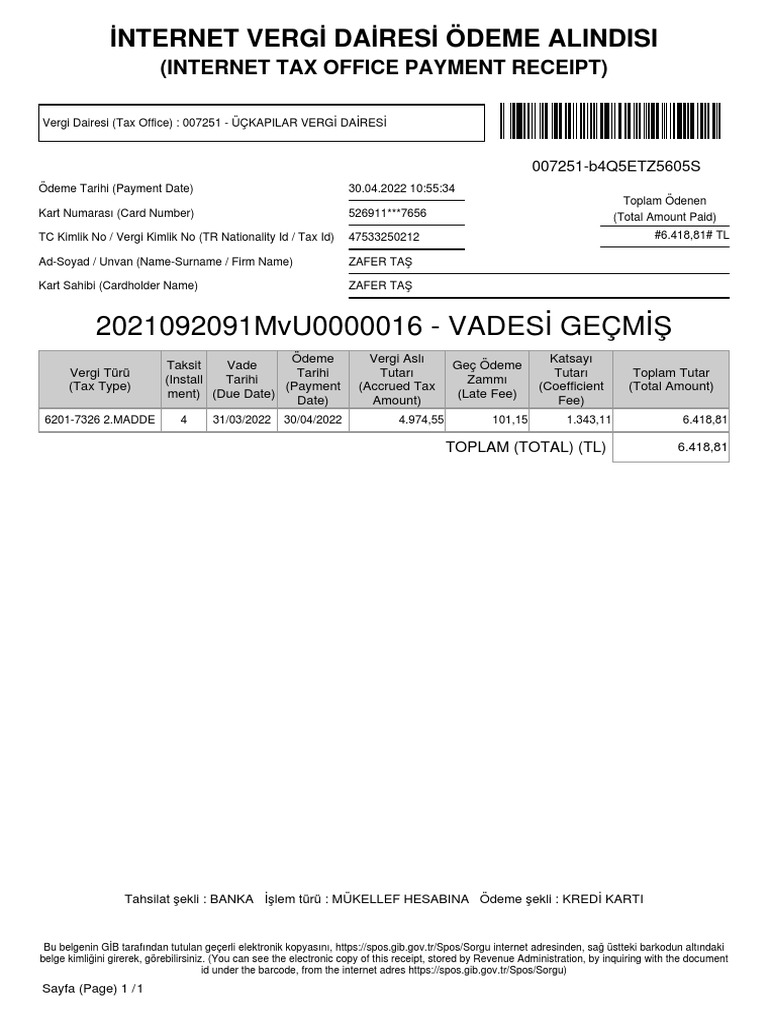 2021092091mvu0000016 - Vadesi Geçmiş: İnternet Vergi Dairesi Ödeme ...