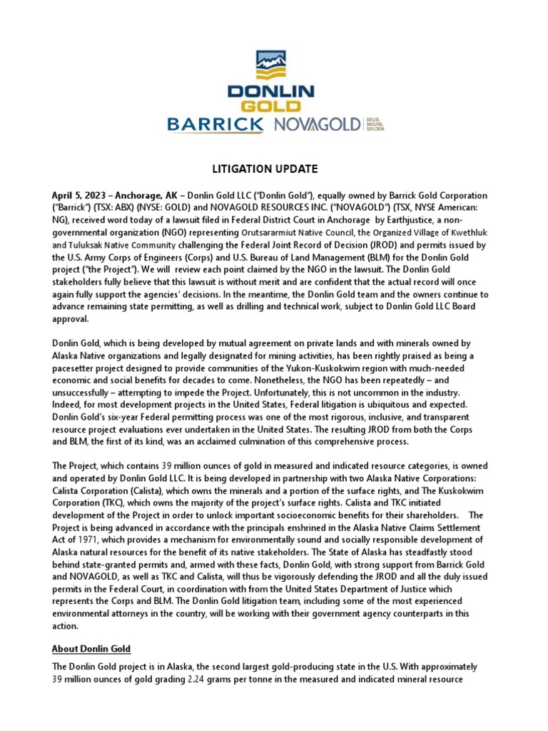 Donlin Gold Project Lawsuit Update | PDF | Economies
