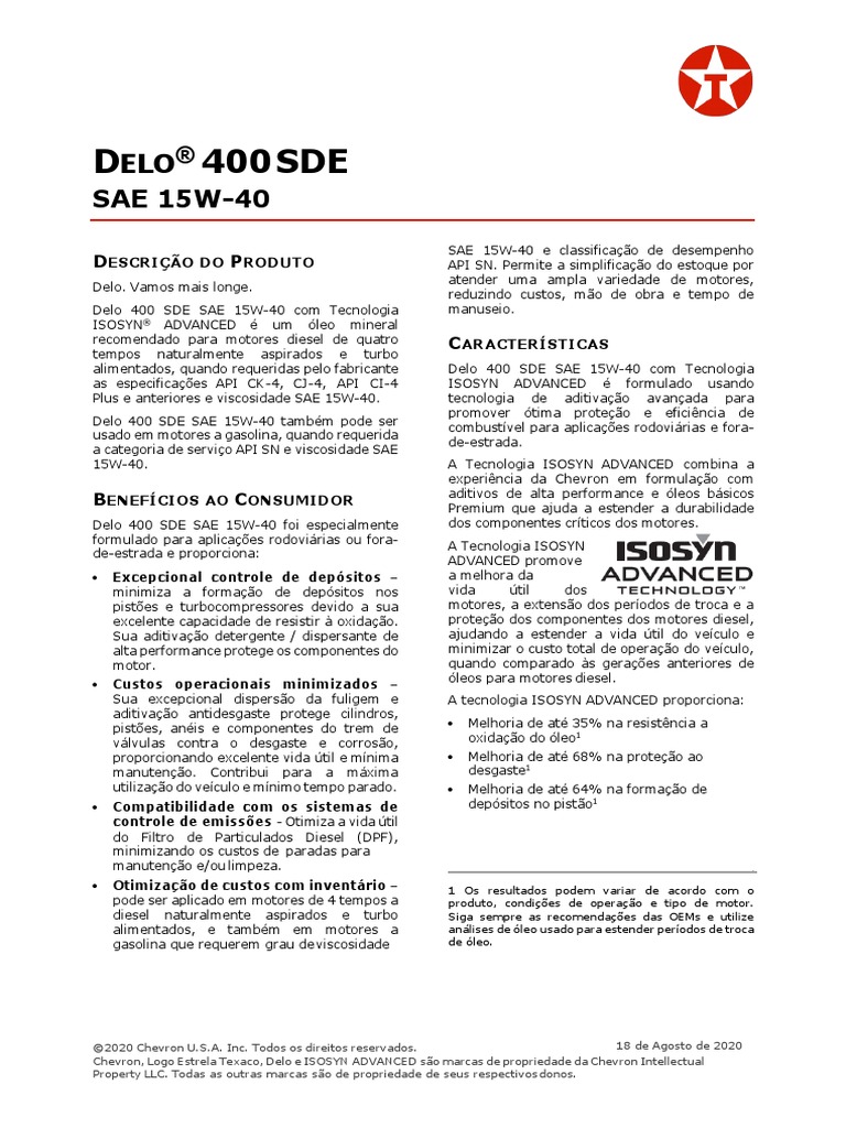 Delo 400 SDE SAE 15W-40 - 180820PTBR | PDF | Motores | Turbocompressor