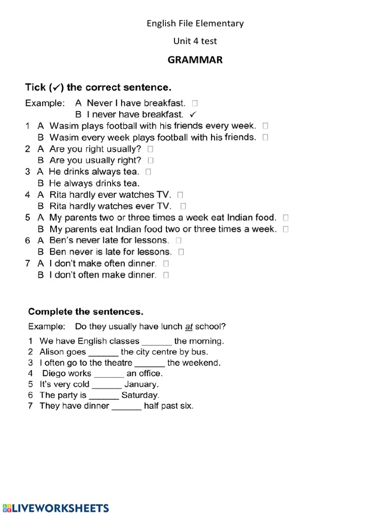 Grammar: English File Elementary Unit 4 Test | PDF