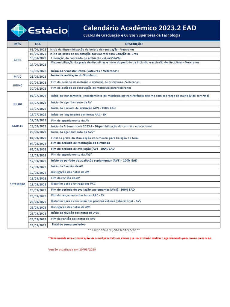 Calendário Acadêmico 2023.2 Ead - Marca Estácio | PDF | Educação à ...
