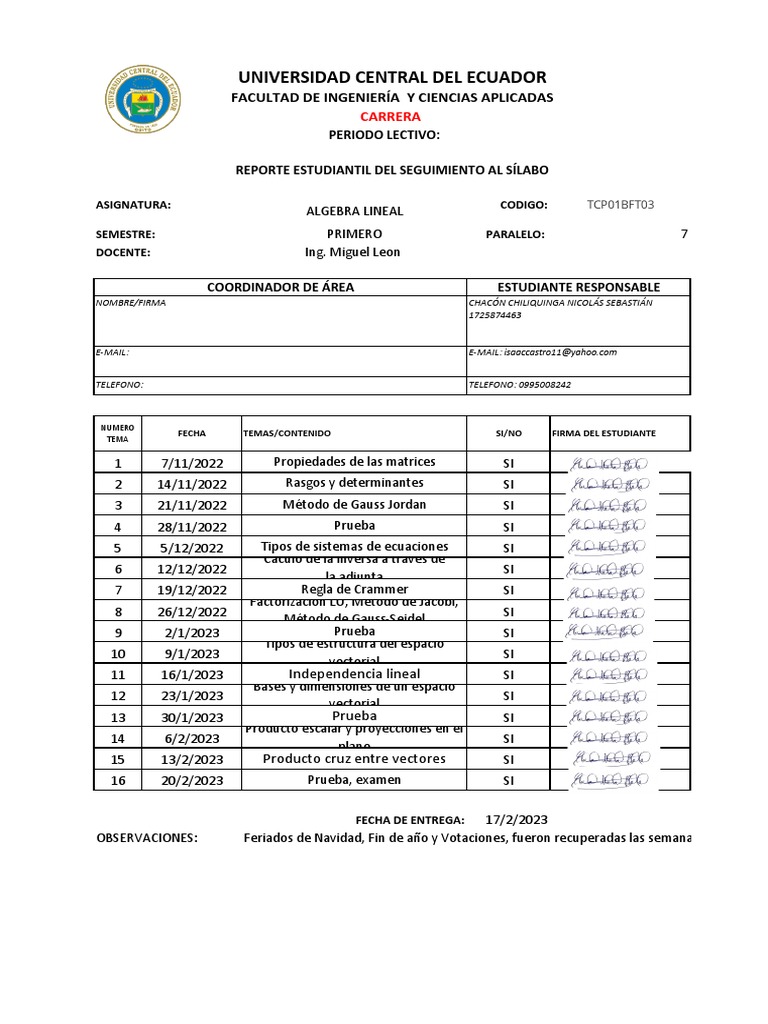 Seguimiento Al Silabo - Nicolas Chacon | PDF | Determinante | Geometría