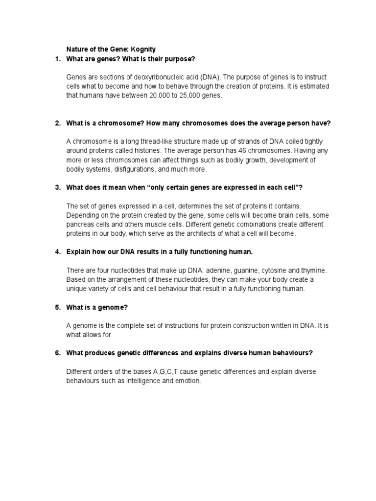 Kognity Questions - Genes | PDF | Gene | Dna
