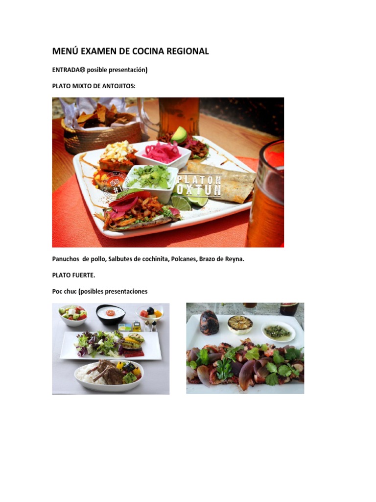 Menú Examen de Cocina Regional | PDF