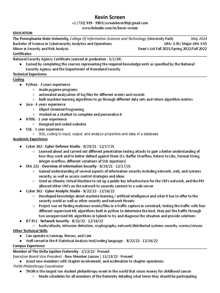 Kevin Screen Resume | Download Free PDF | Security | Computer Security