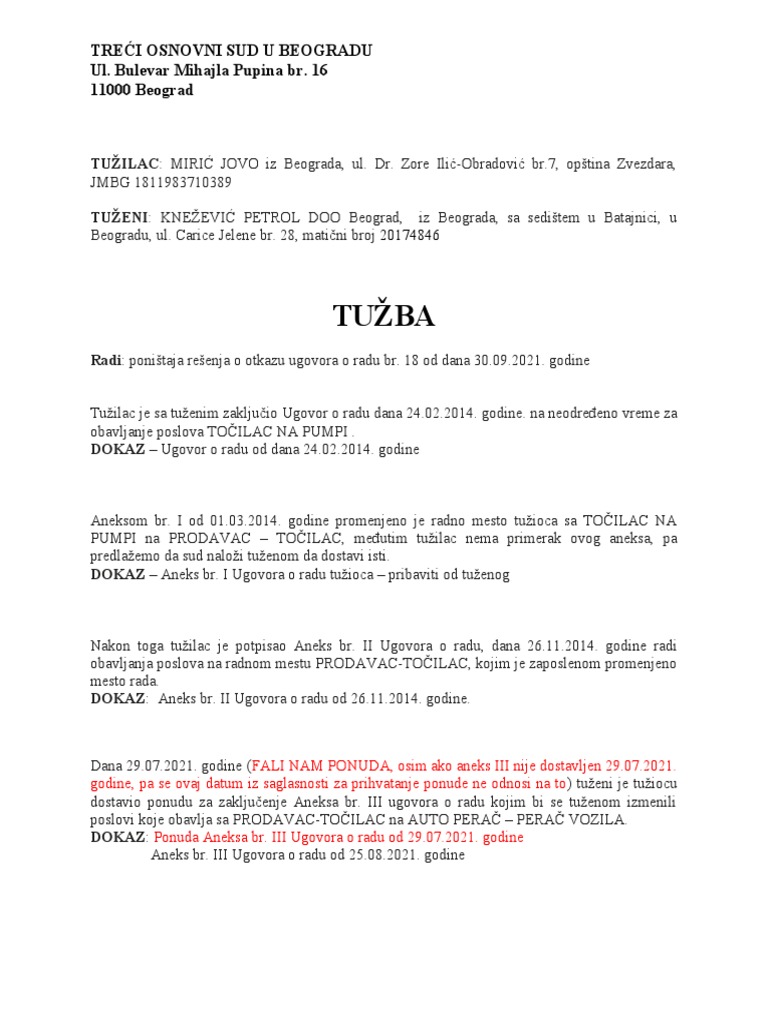 Jovo Mirić - KNEŽEVIĆ PETROL DOO - Tužba | PDF