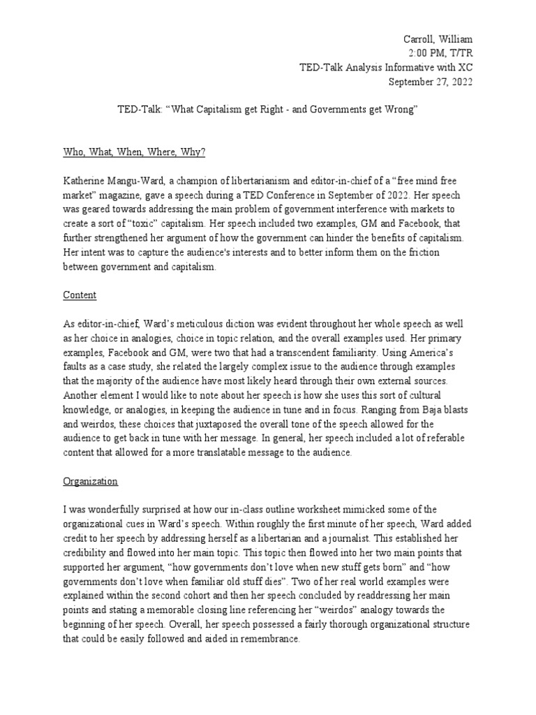Ted-Talk Analysis Informative With XC - William Carroll - T TR 2 00 PM ...