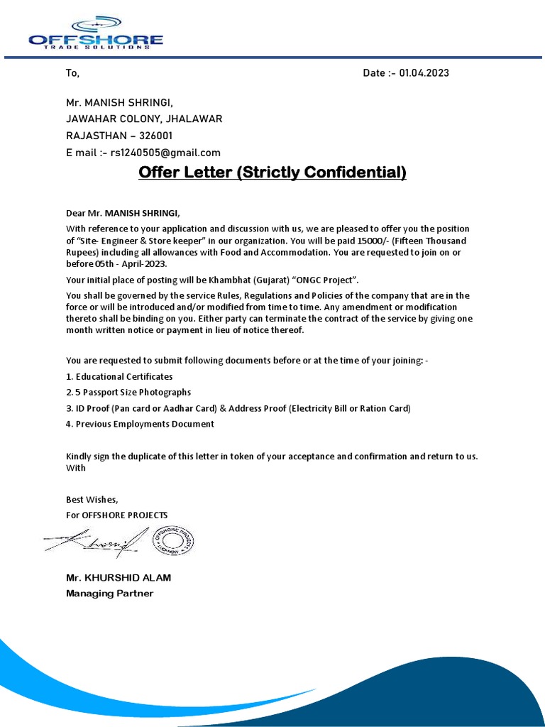 MNKS Offer Letter for Site Engineer | PDF