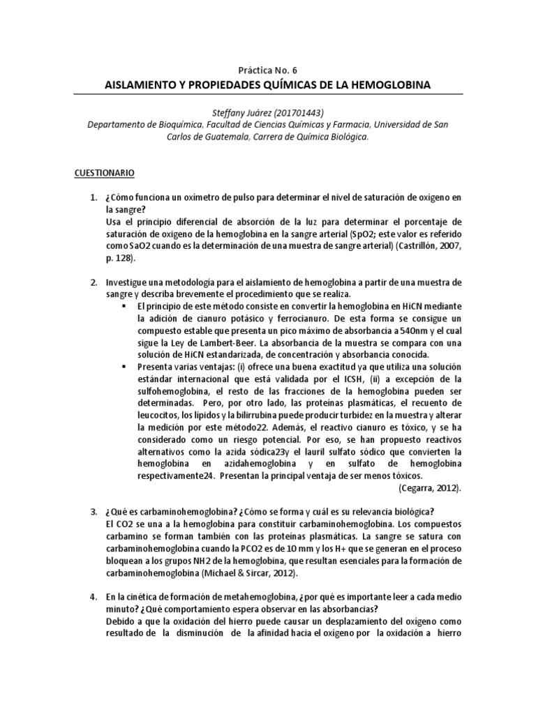 Pre-Lab No. 6 | PDF | Sangre | Monóxido de carbono