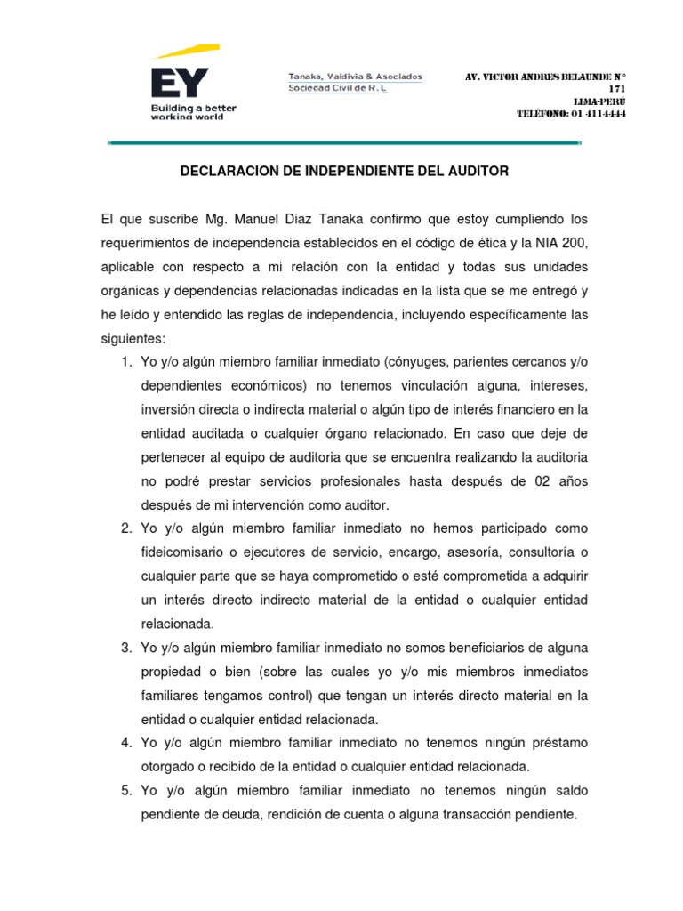 Declaracion de Independencia de Parte Del Auditor | PDF | Auditoría | Economias